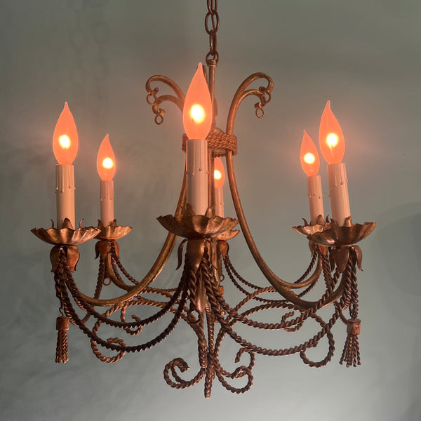 Vintage Italian Tole Hand-Painted 6-light Gilt Chandelier with Tassels ...